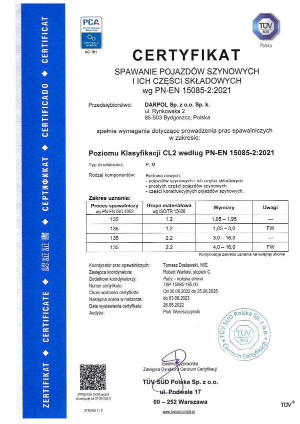Certyfikat spawalniczy CL2 wg EN 15085-2:2021 - Darpol Bydgoszcz